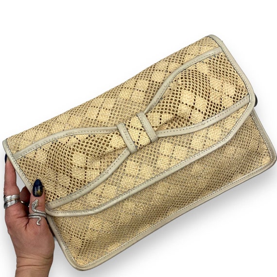 1970's large bow raffia straw and leather wristlet bag - Gem