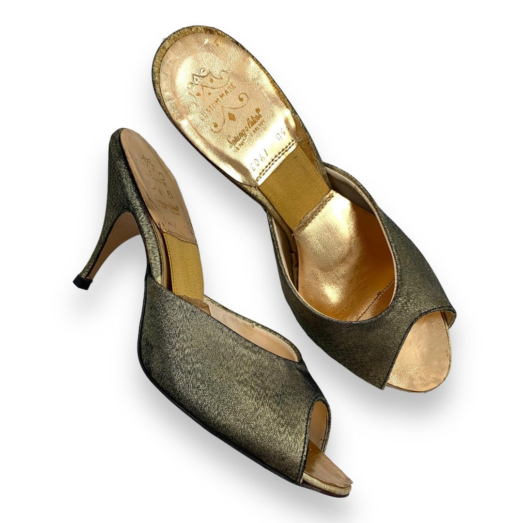 1950's Rare Custom Made SPRINGOLATORS Metallic Gold High Heel Mules ...