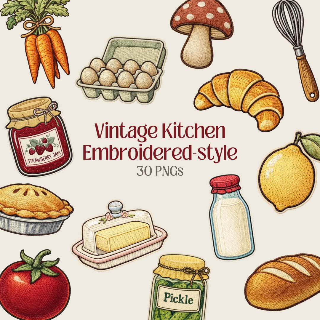 Vintage Food Clipart Set Embroidery Style PNG Kitchen Utensils Bakery ...