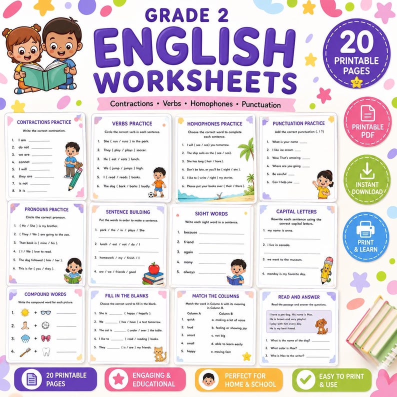 Grade 2 English Workbook Printable PDF for Kids - Etsy UK