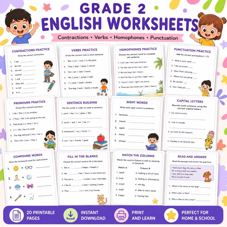 Grade 2 English Workbook Printable PDF for Kids - Etsy UK