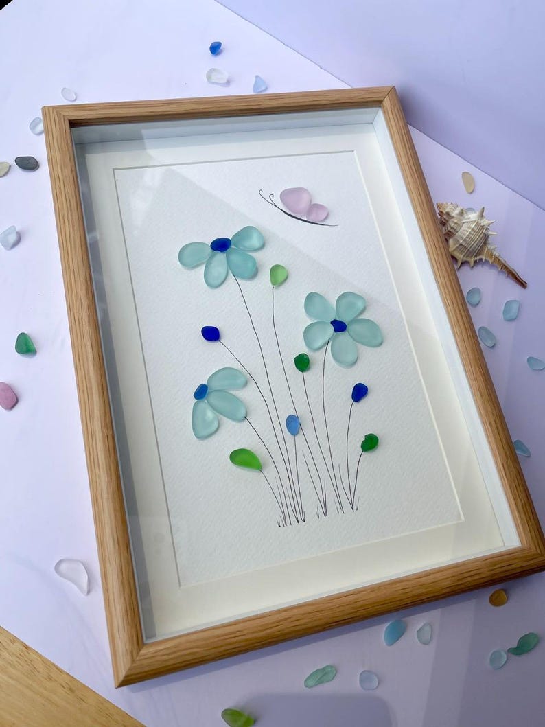 Handmade Sea Glass Flower Art, Beach Butterfly Picture, Coastal Cottage ...