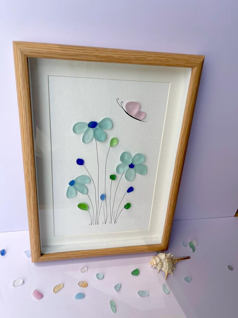 Handmade Sea Glass Flower Art, Beach Butterfly Picture, Coastal Cottage ...