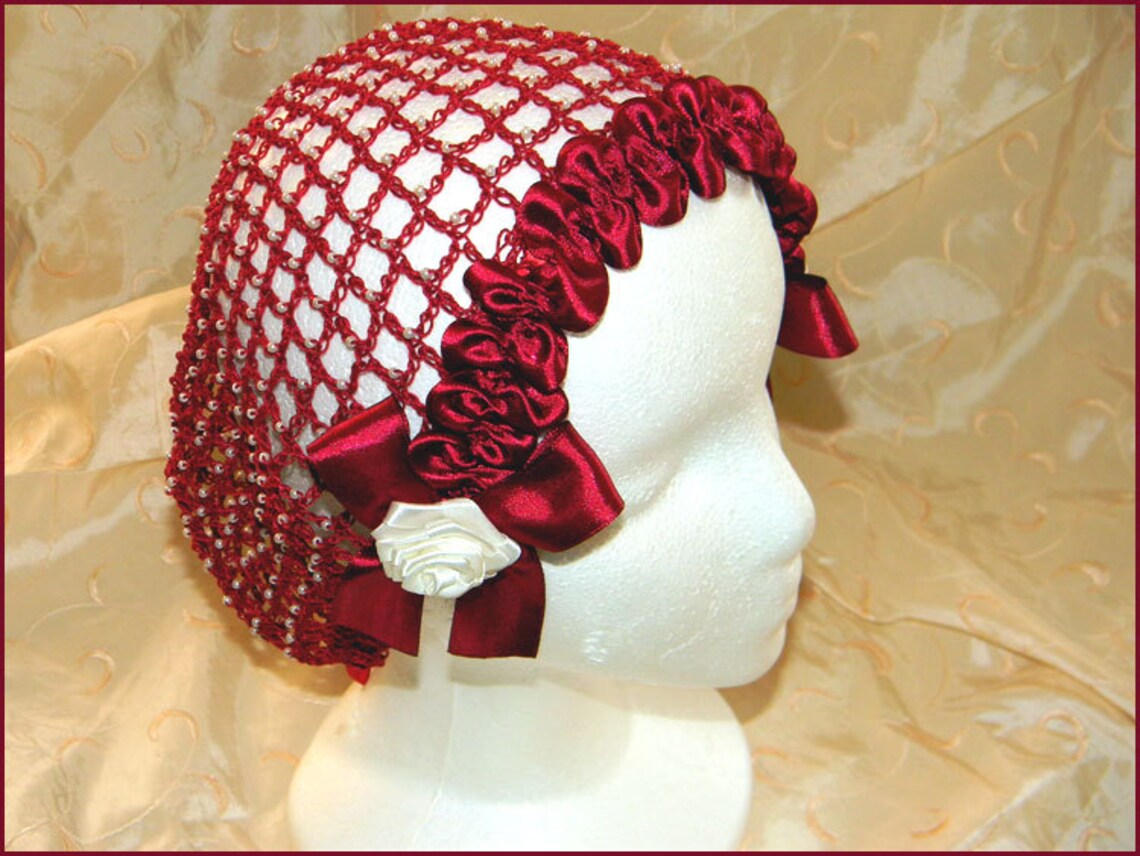 1800's Civil War Victorian Burgundy Snood With Pearls and Roses Hair ...