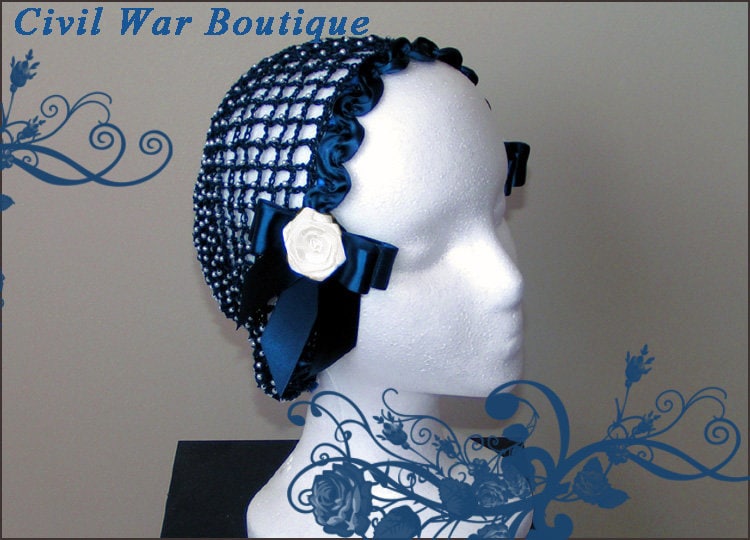 1800's Civil War Victorian Navy Blue Snood With Pearls and Roses Hair ...