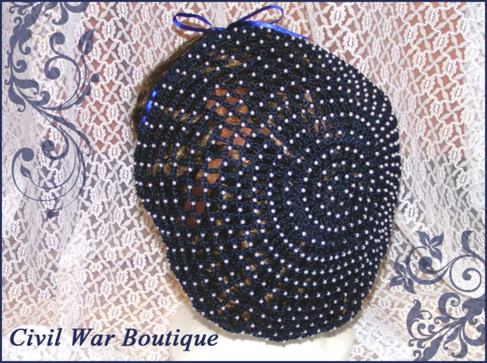1800's Civil War Victorian Wedding Navy Blue Snood With Pearls Hair Net ...