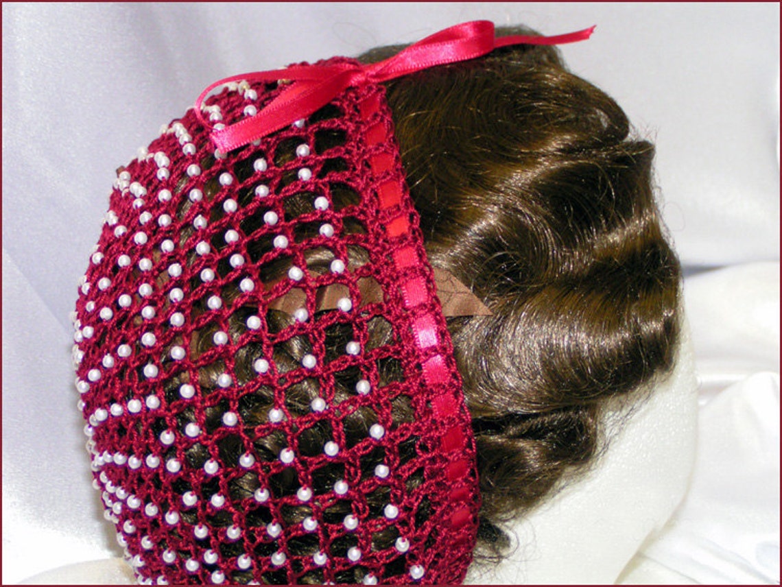 1800's Civil War Victorian Burgundy Snood With Pearls Hair Net Handmade ...