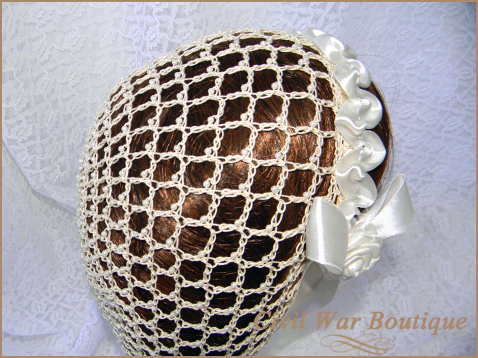 1800's Civil War Victorian Cream Beige Snood With Pearls and Roses Hair ...