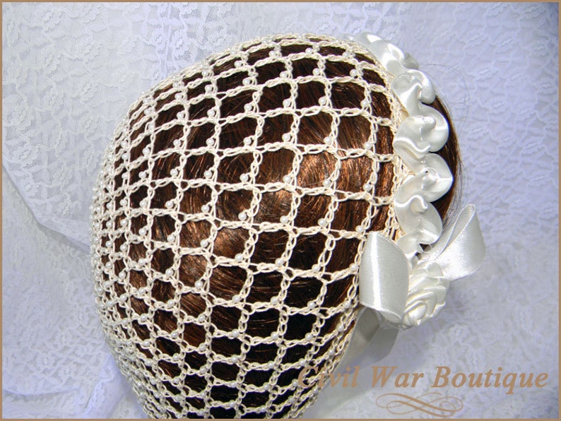 1800's Civil War Victorian Cream Beige Snood With Pearls and Roses Hair ...