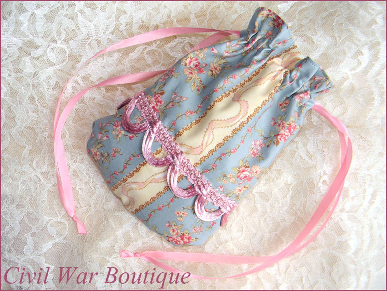 Civil War Victorian Blue Stripes Roses Drawstring RETICULE PURSE 100% ...