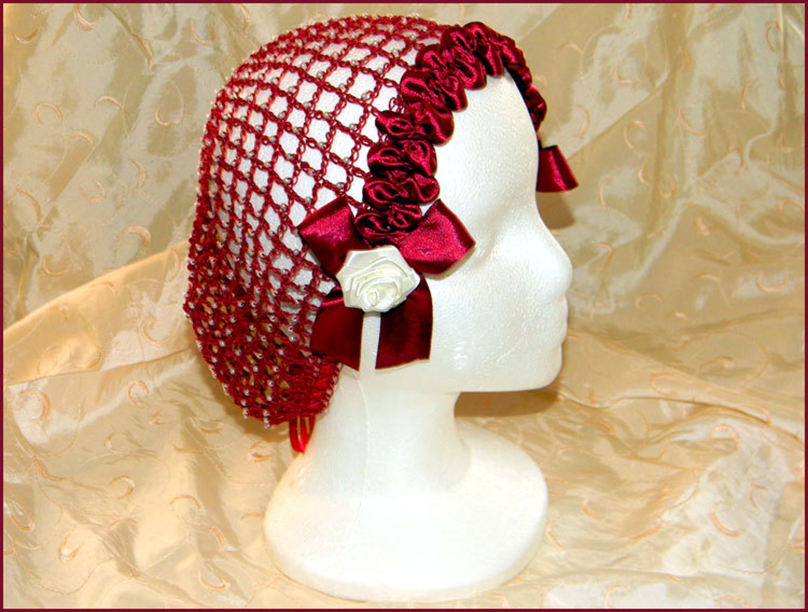 1800's Civil War Victorian Burgundy Snood With Pearls and Roses Hair ...