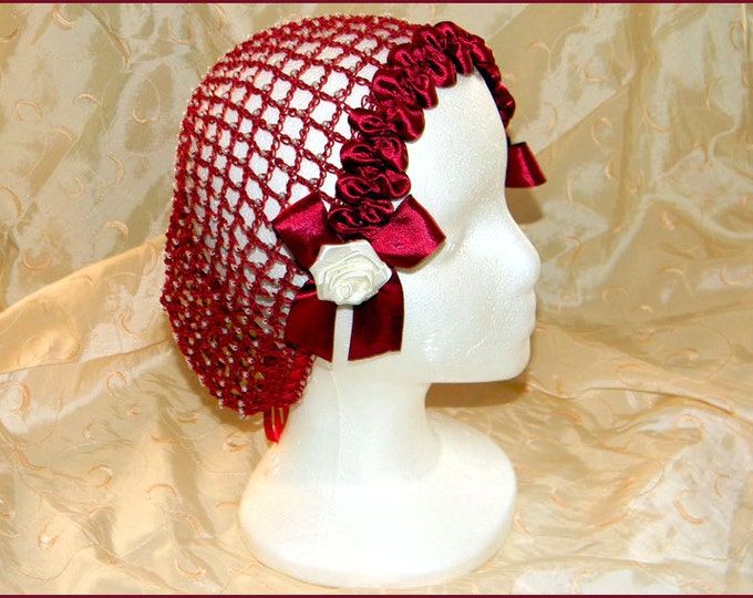 1800's Civil War Victorian Burgundy Snood With Pearls and Roses Hair ...