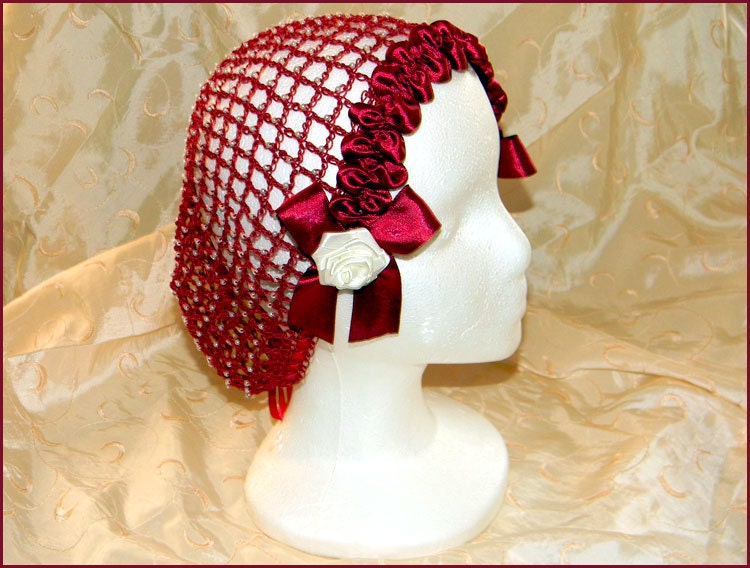 1800's Civil War Victorian Burgundy Snood With Pearls and Roses Hair ...