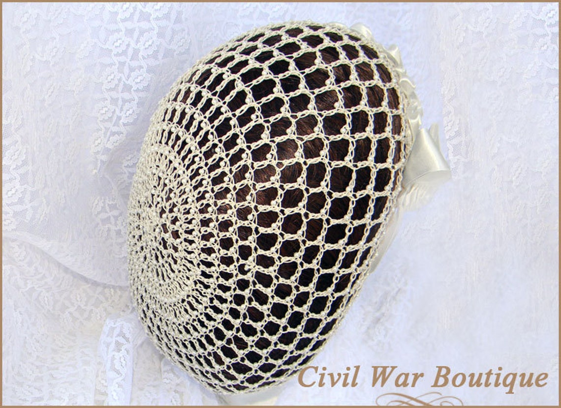 1800's Civil War Victorian Cream Beige Snood With Pearls and Roses Hair ...