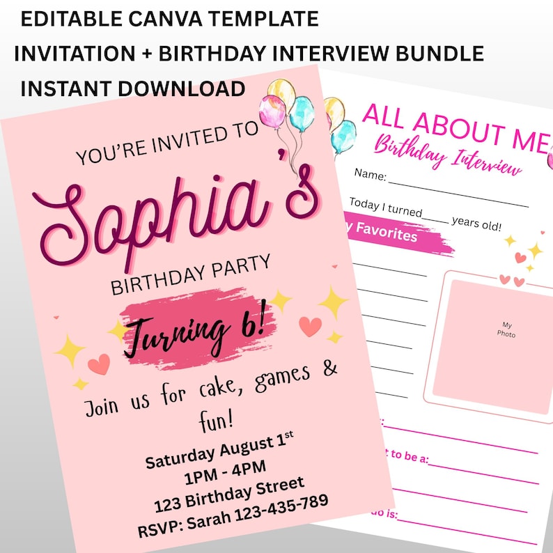 Pink Editable Birthday Invitation & Printable Interview - Bundle ...