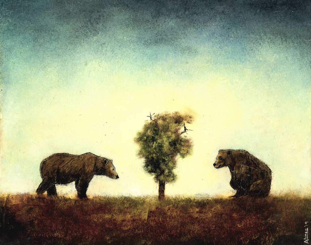 Bear Standoff Art Print – Surreal Wildlife Painting With Tree ...