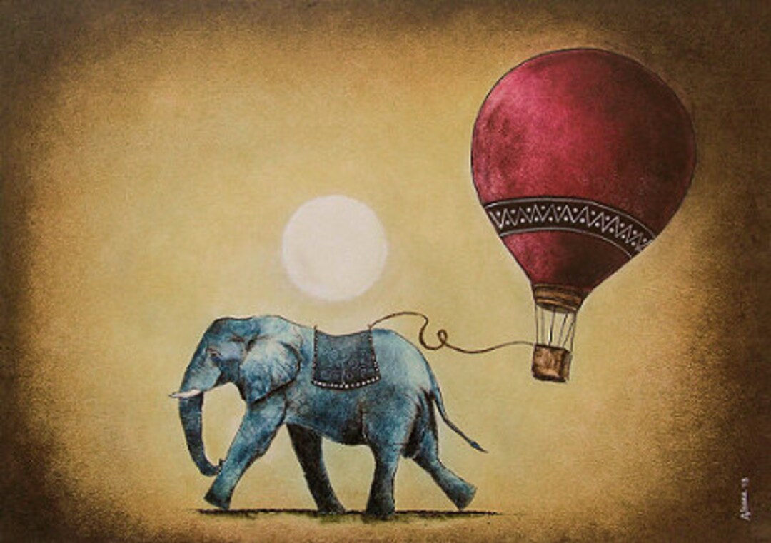 Art Print // Elephant Hot Air Balloon Full Moon // - Etsy