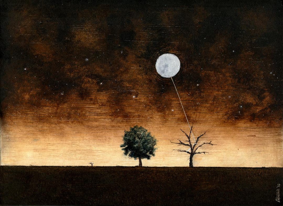 Surreal Tree Moon Landscape Art Print: Oil Painting on Glossy Paper - Etsy