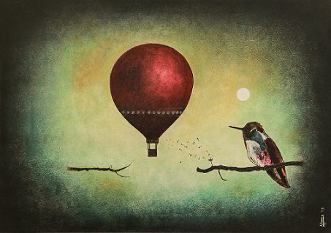 Art Print // Hot Air Balloon Hummingbird Moon // - Etsy