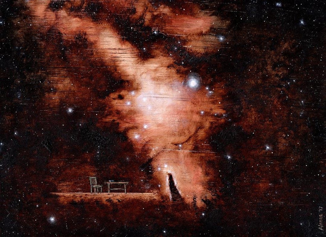 Cosmic Solitude Art Print – Surreal Galaxy Painting With Figure, Table ...