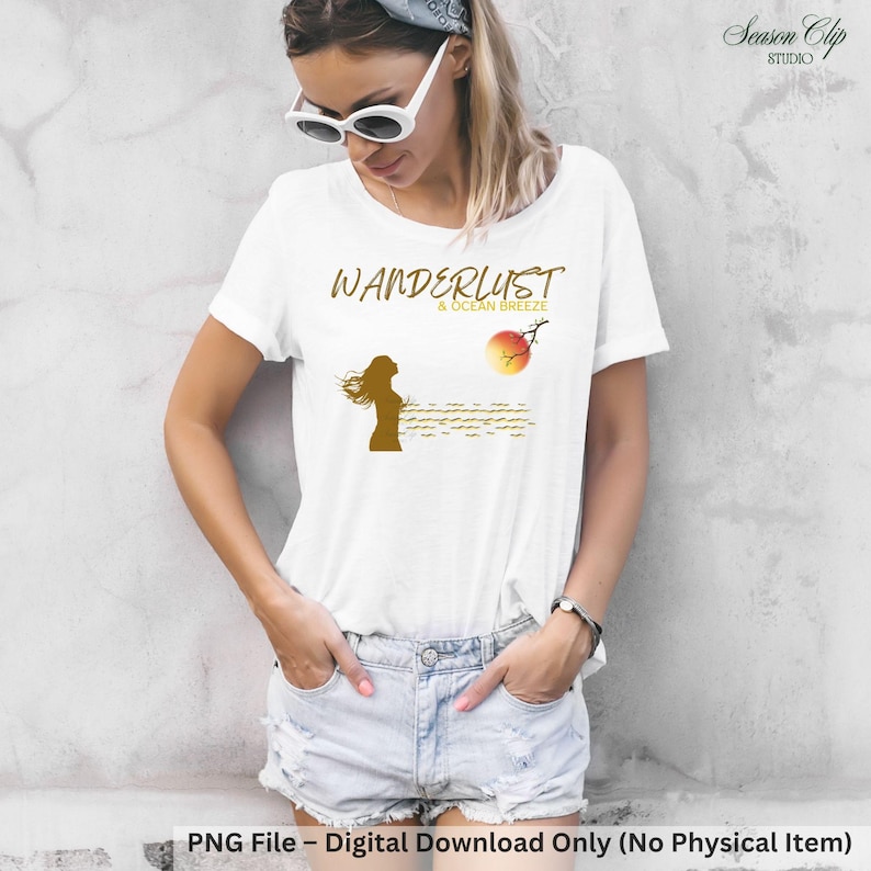 Wanderlust and Ocean Breeze PNG, Woman Silhouette Beach Graphic, Sunset ...