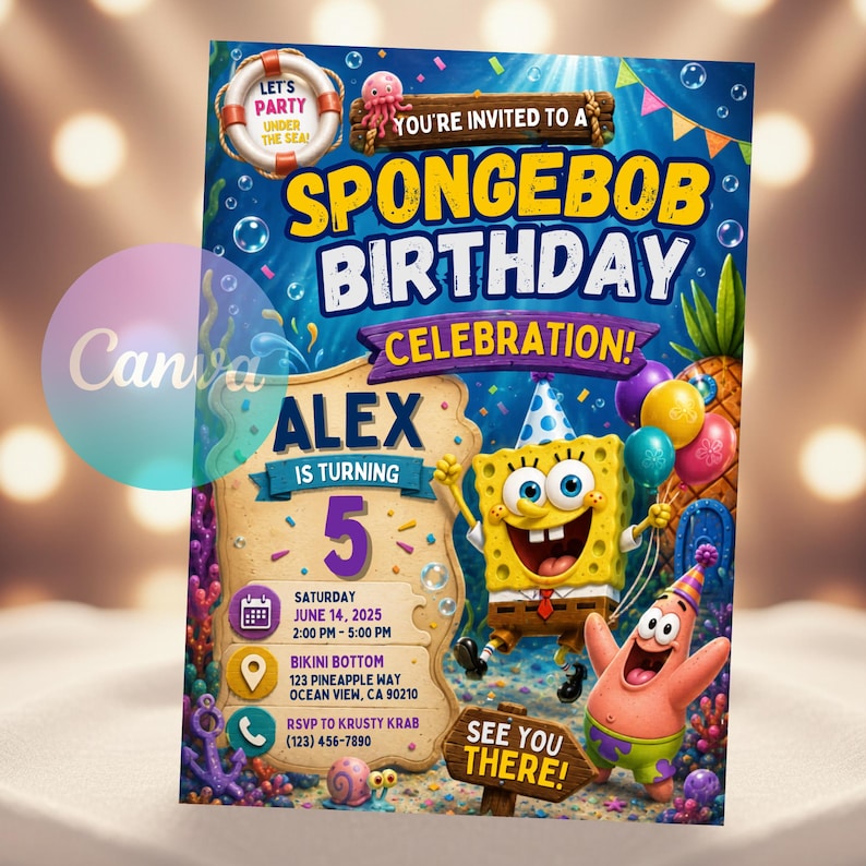 Editable Sponge Birthday Invitation Template - Under the Sea Kids Party ...