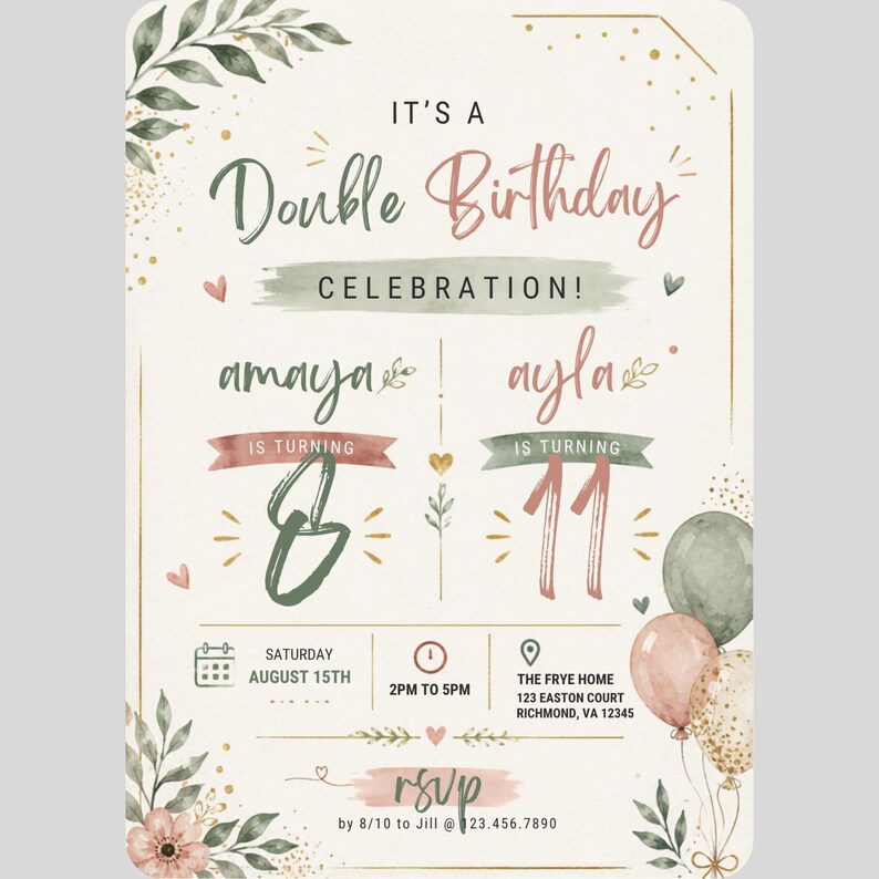 Editable Kids Birthday Invitation - Fun 5x7 Double Birthday Invite ...