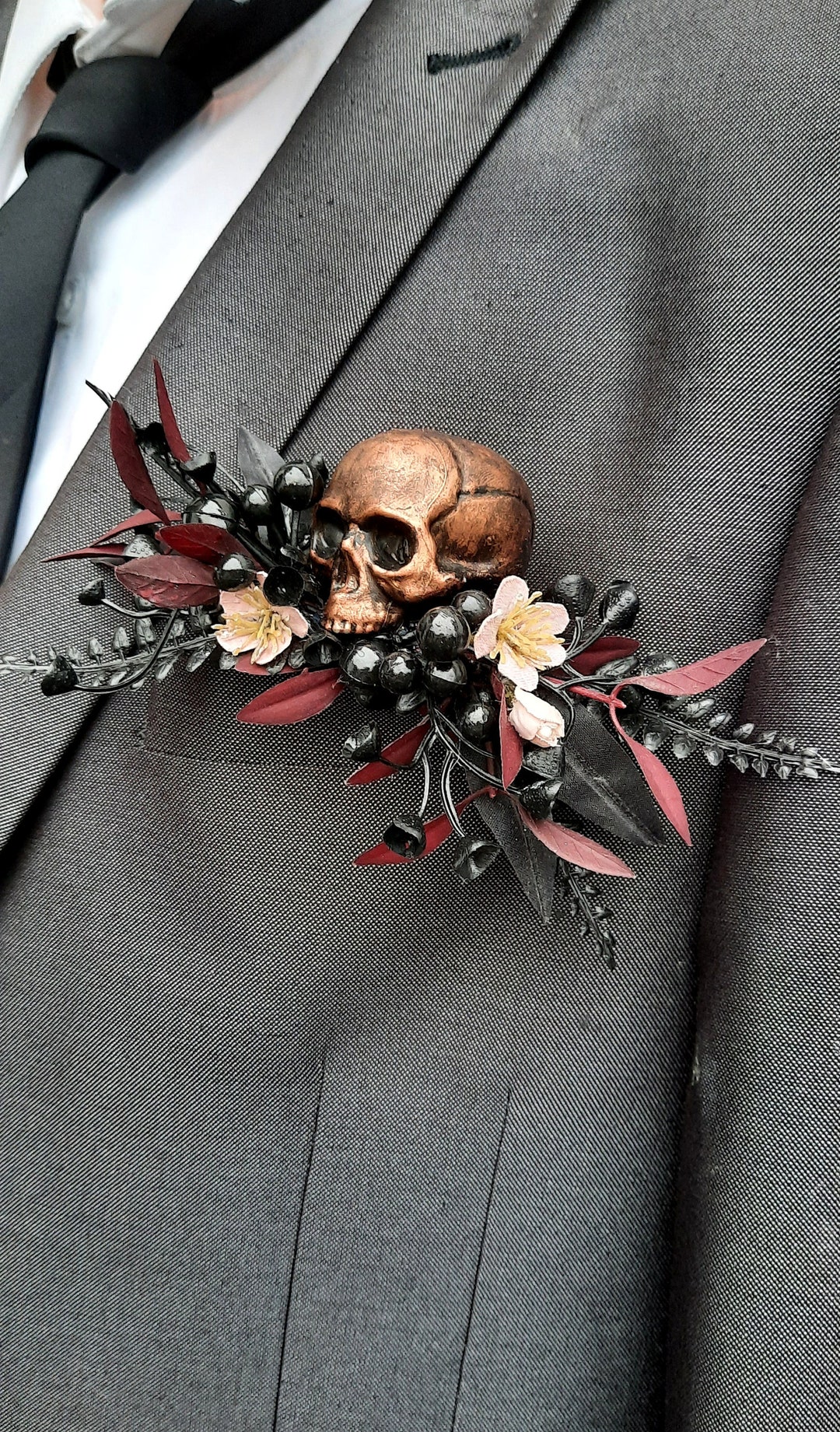 X1 Floral Skull Pocket Square Boutonnière, Buttonhole Alternative ...