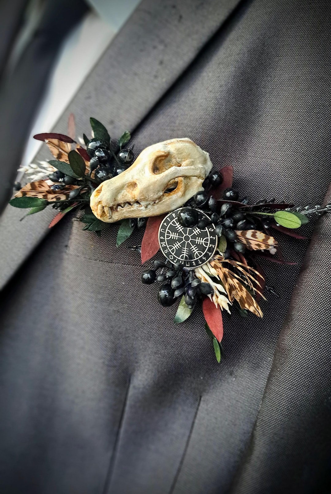 Floral Viking Compass Wolf Skull Pocket Boutonniere Alternative Wedding ...