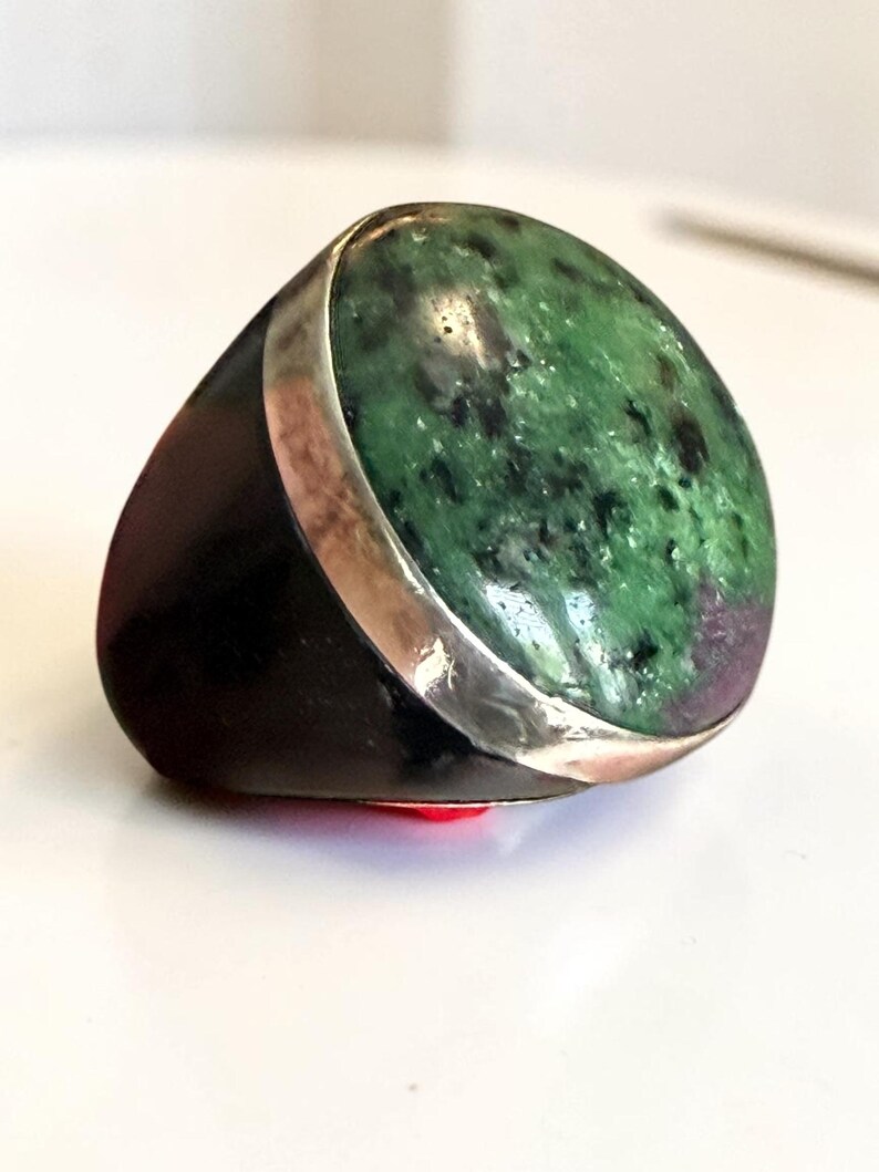Ruby Zoisite Sterling Silver Ring, Hand Carved Black Onyx Band ...