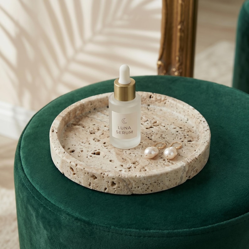 Natural Travertine Stone Tray, Round Nordic Vanity Organizer, Polished ...