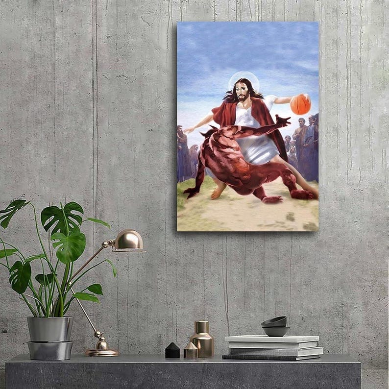 Jesus Basketball Street Art Canvas, Humorous Christian Wall Decor, Game ...