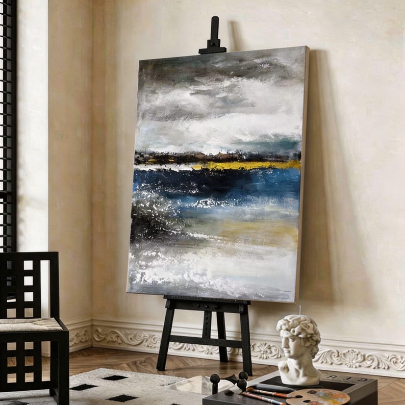 Original Hand-painted Blue Ocean Poison Sky Oil Painting on Canvas,gold ...