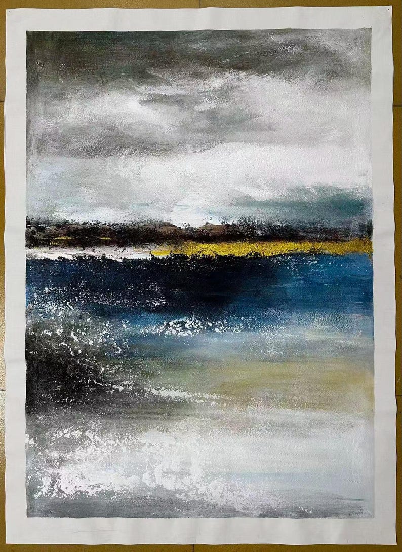 Original Hand-painted Blue Ocean Poison Sky Oil Painting on Canvas,gold ...