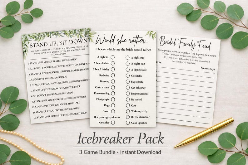 Icebreaker Pack Bridal Shower Games, Family Feud, Stand up Sit Down ...