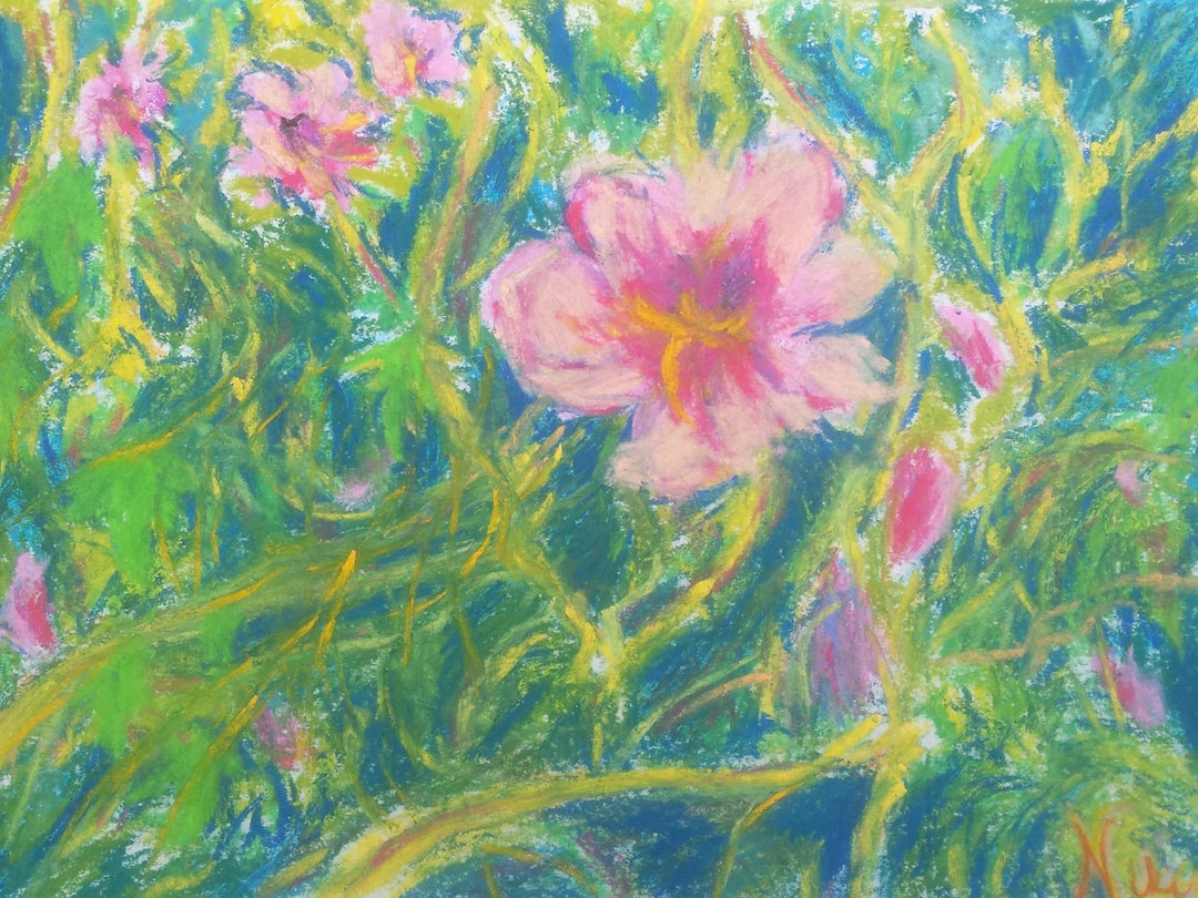 Original Flowers and Vines Pastel Art on Paper Pink Decorative Floral ...