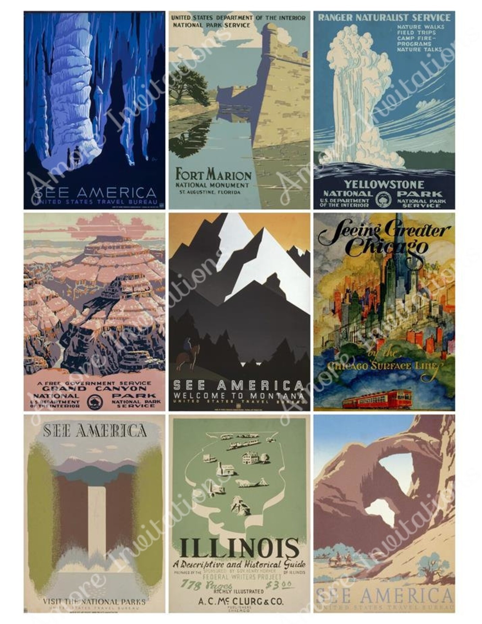 Printable USA Travel Posters Digital Collage Sheet, Vintage Clip Art ...