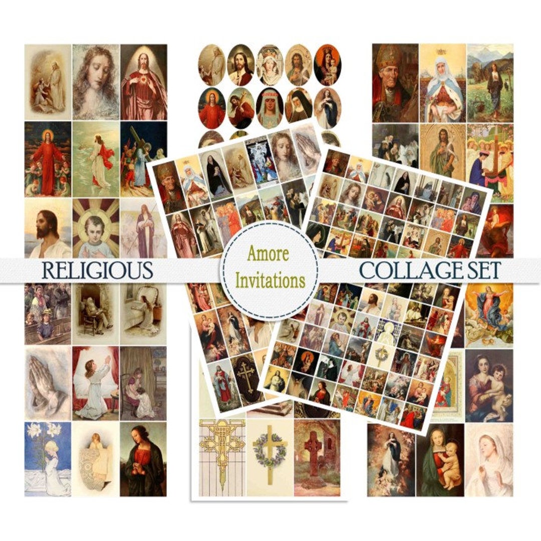 Digital Vintage Religious Christian Art Collage Sheet Bundle, 1x2 Inch ...