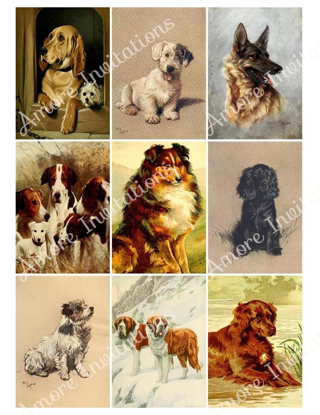 Printable Digital Vintage Dogs Collage Sheet Clip Art ATC - Etsy