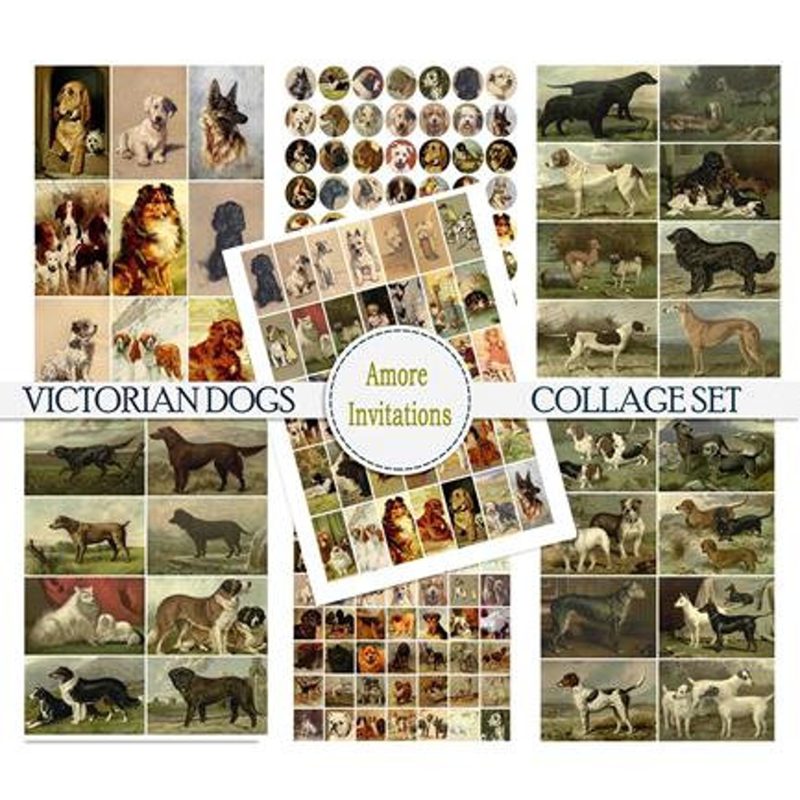 Victorian Dogs Collage Sheet Bundle: Domino 1 Inch Squares Circles ...