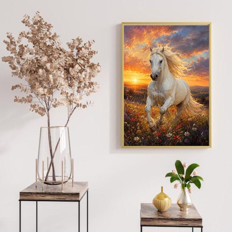 White Horse Running Through Wildflower Meadow Sunset Art Print (digital ...