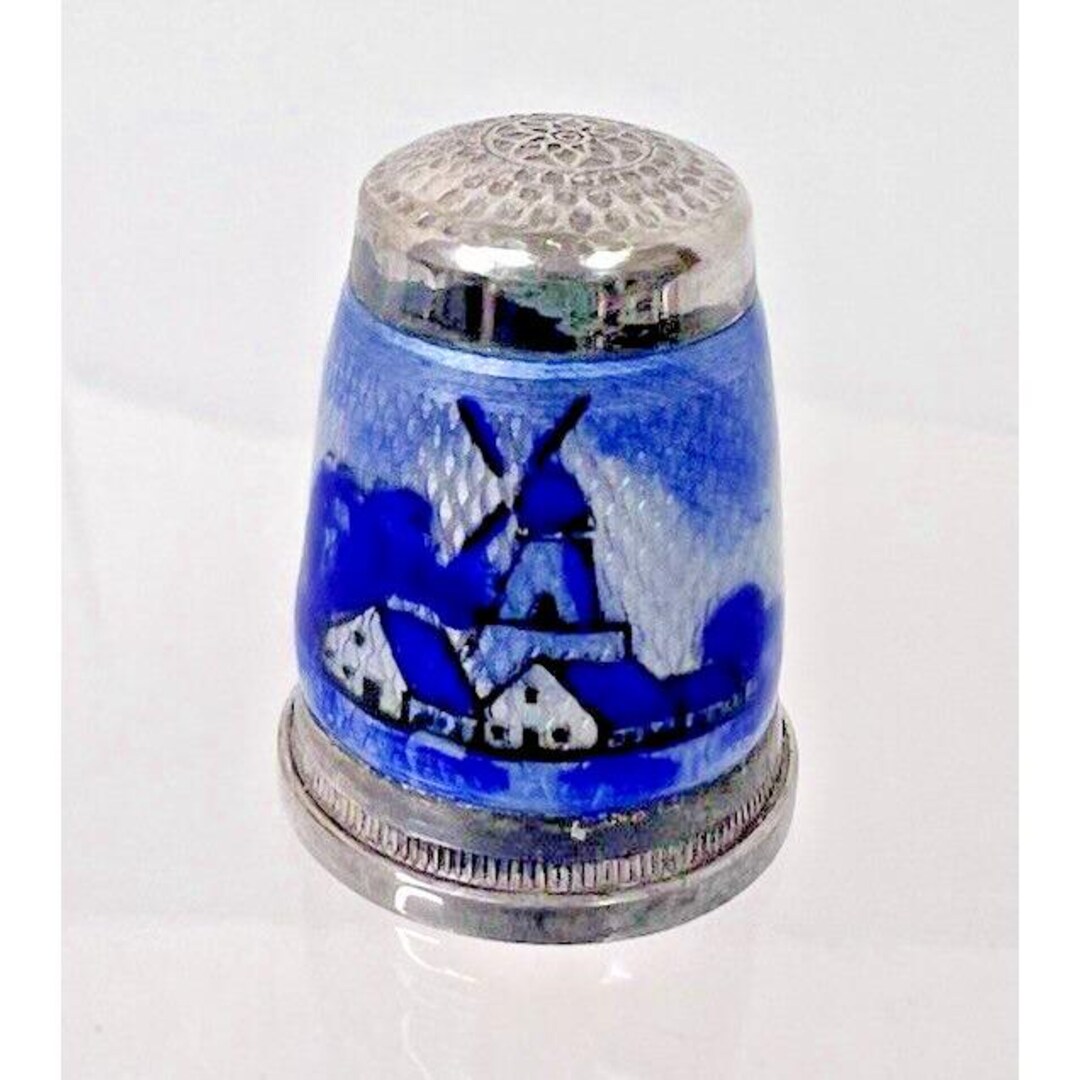 Stunning German Sterling Enamel Thimble Blue White Dutch Windmill Scene ...