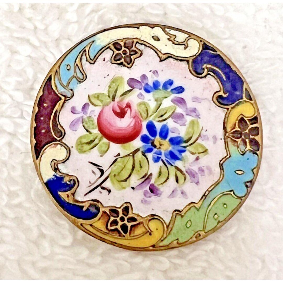 Victorian Pink Rose Blue Floral Enamel Button 1 1/8" Colorful Edge ...
