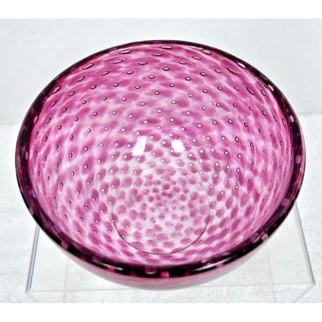 Gathering Glass Signed Studio Art Glass Vase Bowl Pink Cranberry Bubble ...