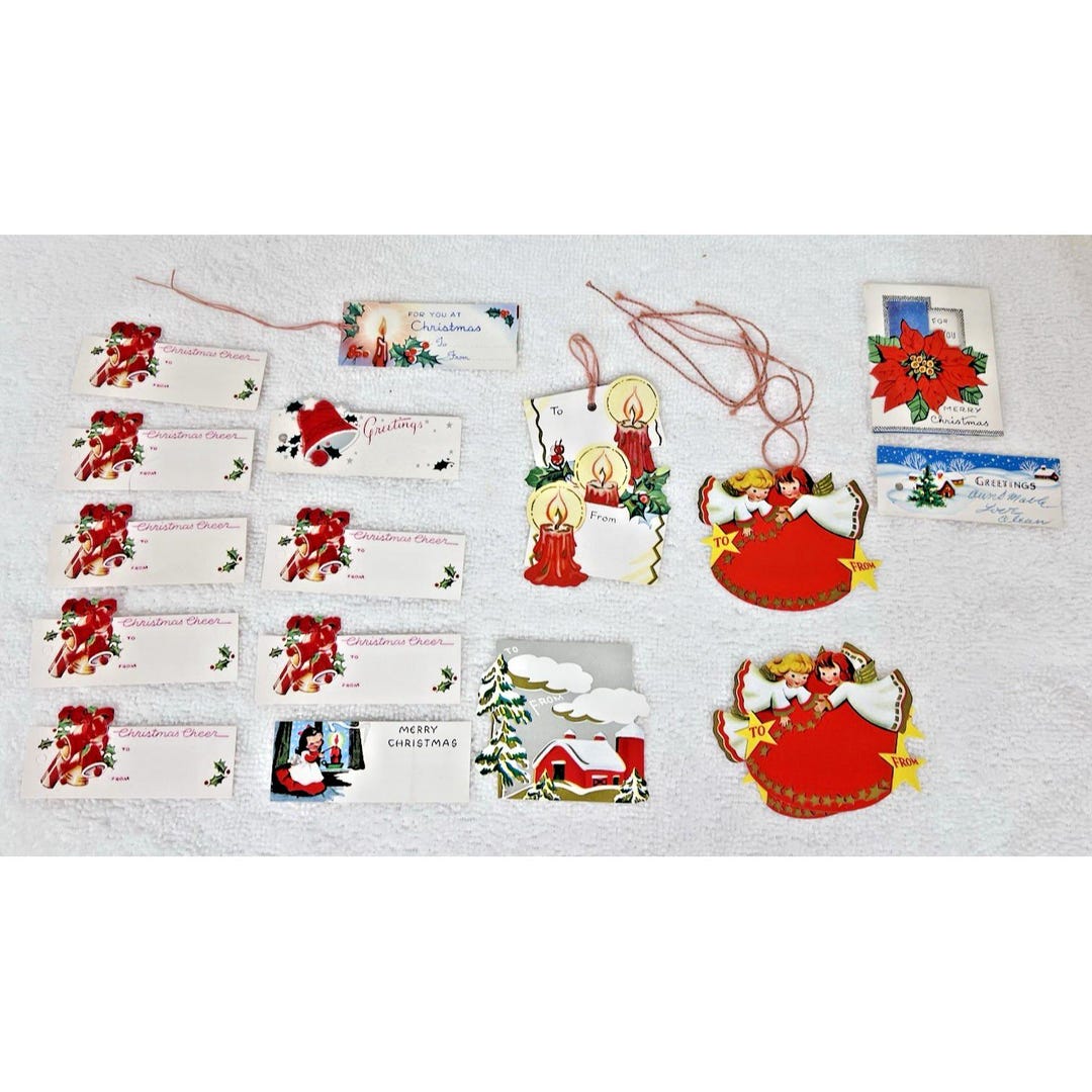 14+ Vintage Christmas Tags Red Flocked Plus Candy Canes Candles Angel ...