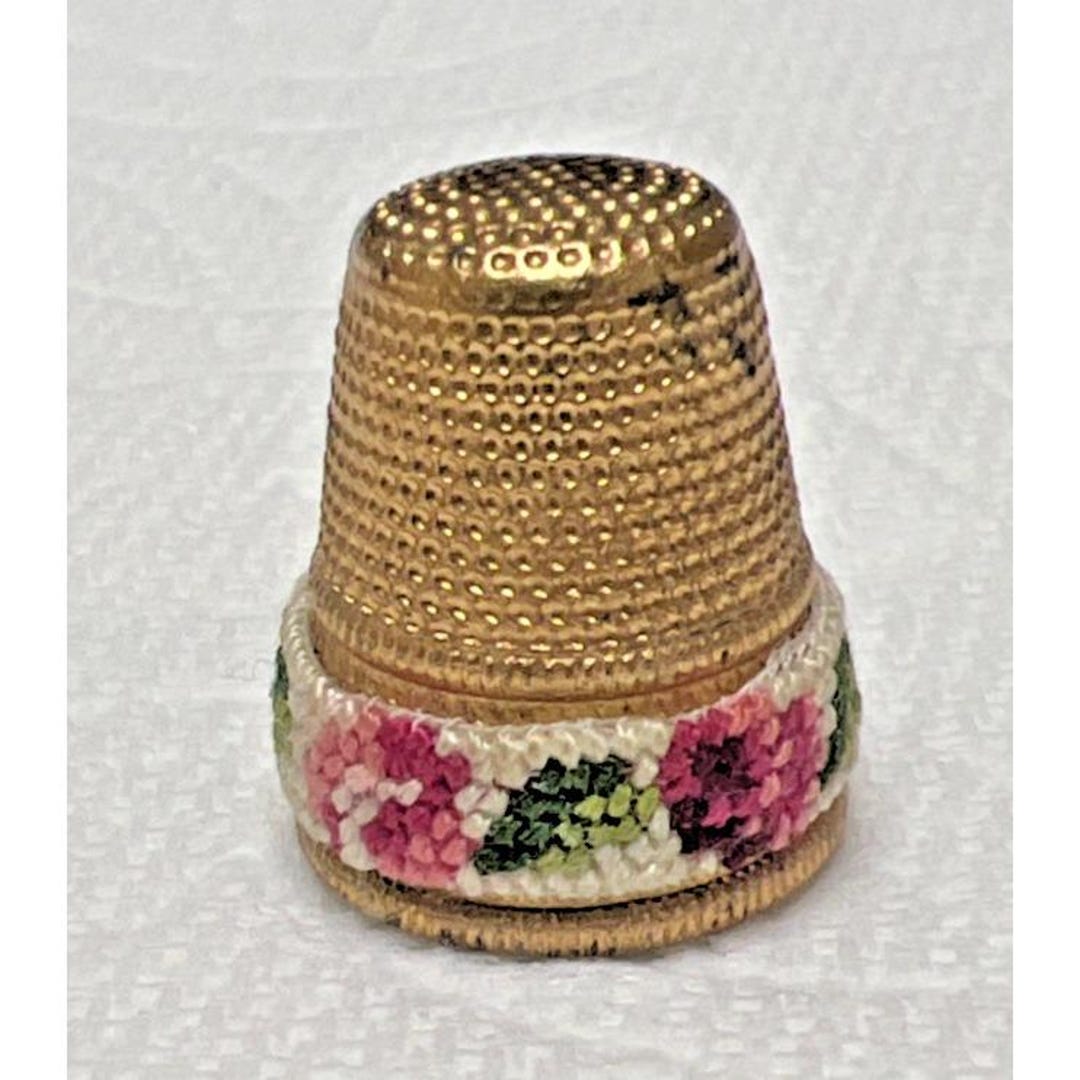 Vintage Thimble W Micro Petite Point Pink Rose Floral Band Gold Tone ...