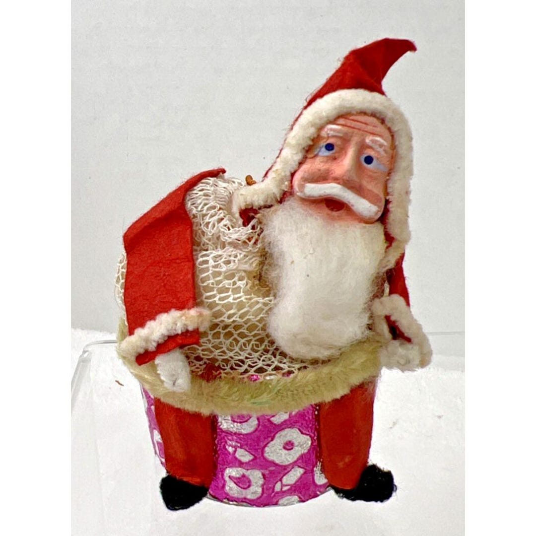 OLD Santa Christmas Candy Container Pink Floral Foil Base Netting Bag ...