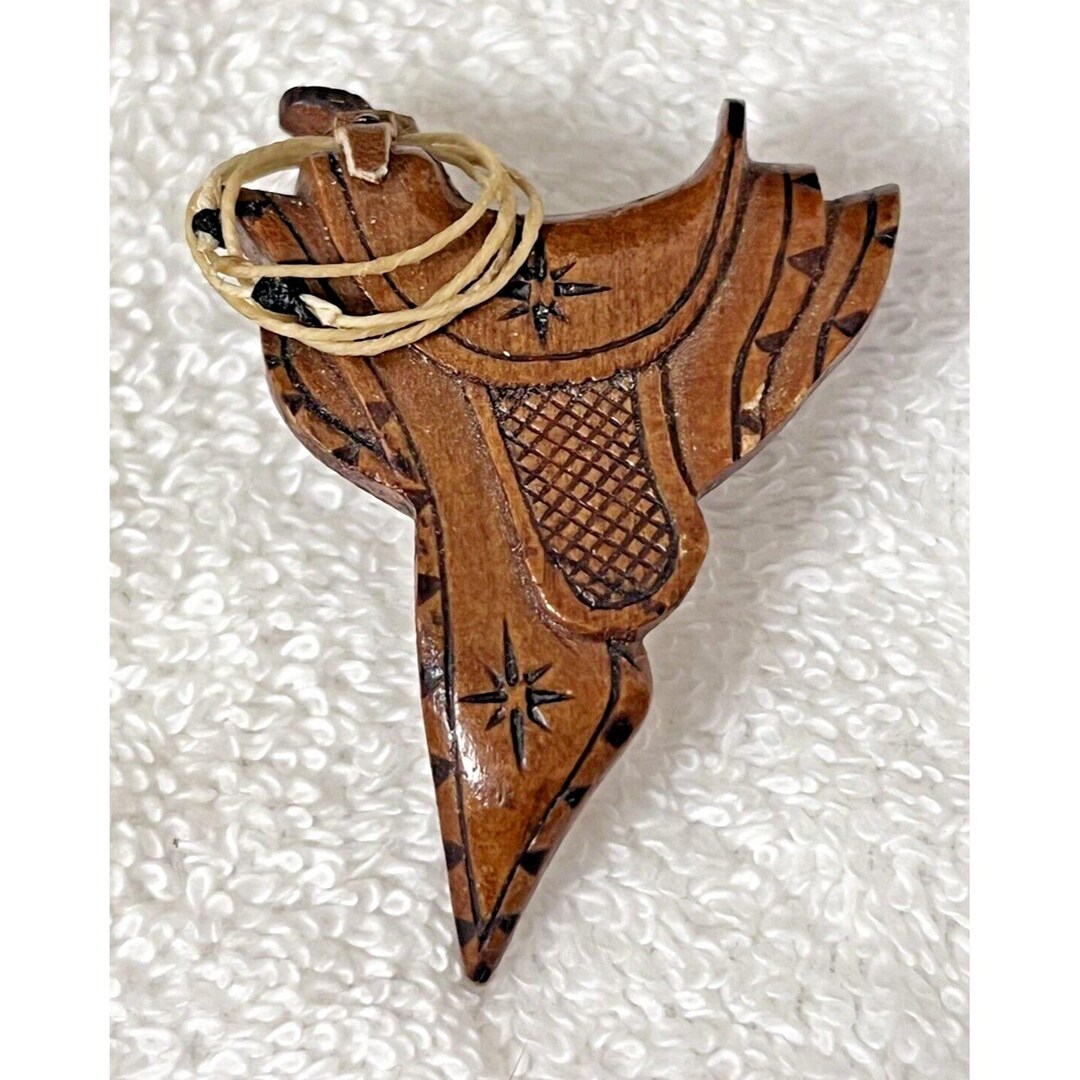 Hand Carved Western Horse Saddle Pin Brooch W Real Rope Detail 1 3/4 X ...