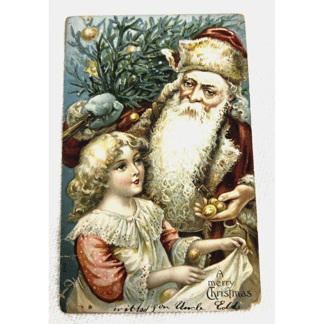 Santa With Christmas Tree Giving Young Girl Roasted Chestnuts Christmas ...