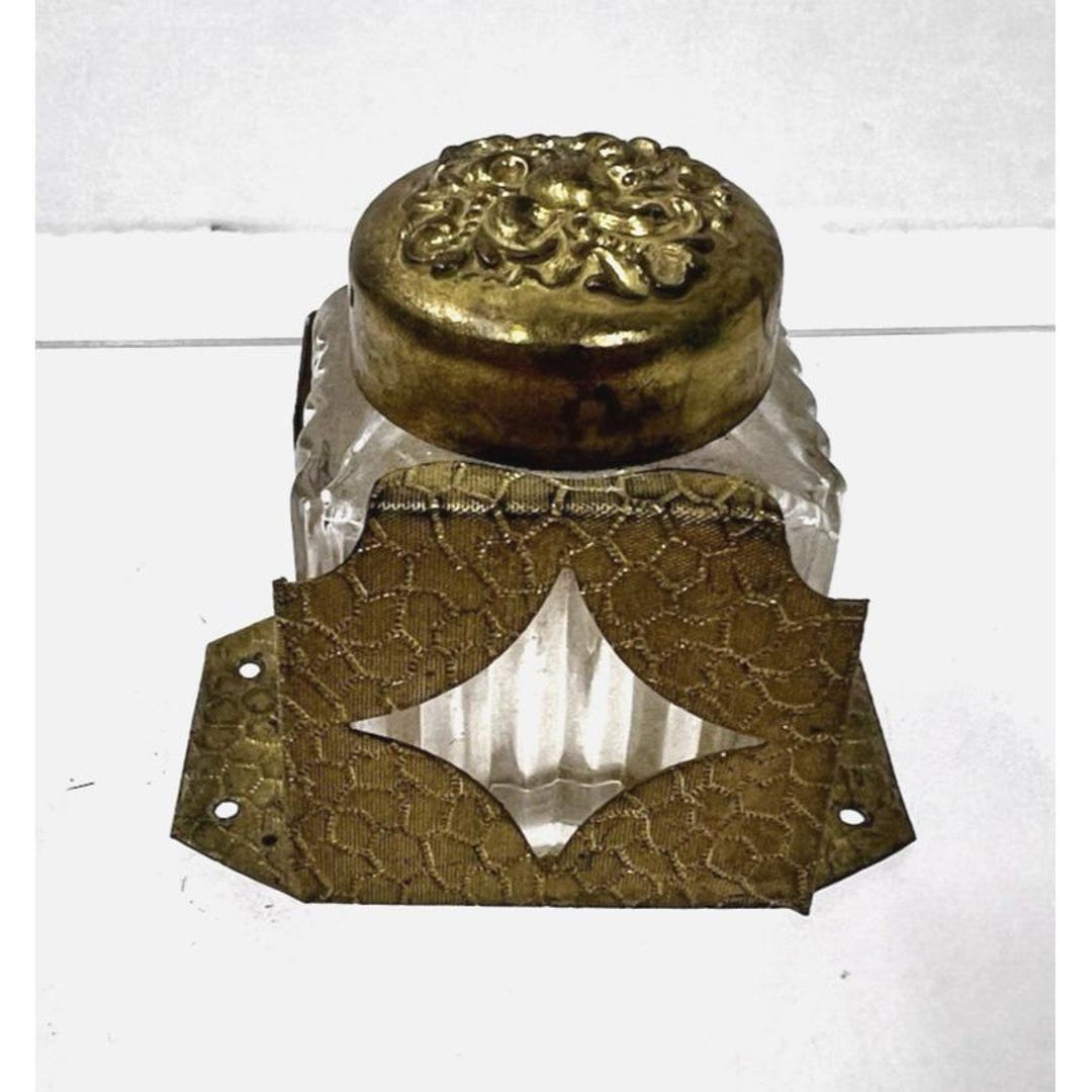 Antique Small Inkwell Glass in Bright Gold Metal Holder Scroll Lid - Etsy